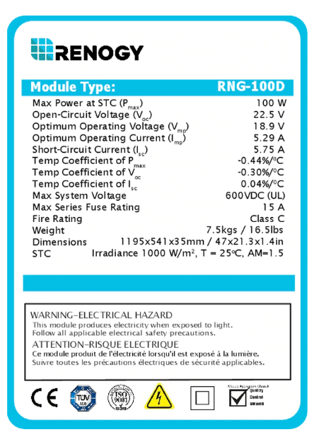 Renogy | RNG-100D | Solar Panel Datasheet | ENF Panel Directory