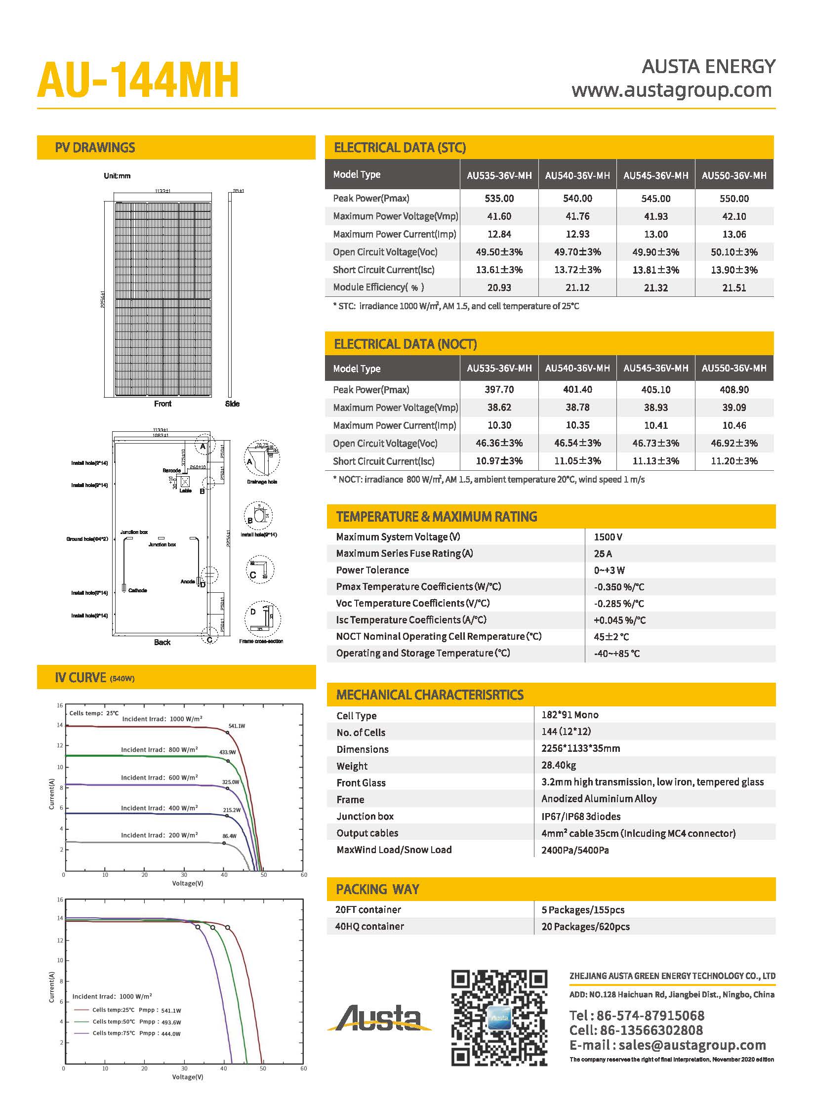 Austa Energy | AU-550W-36MH | Solar Panel Datasheet | ENF Panel Directory