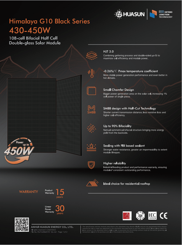 Huasun | HS-182-B108 DSB430-450 | Solar Panel Datasheet | ENF Panel ...