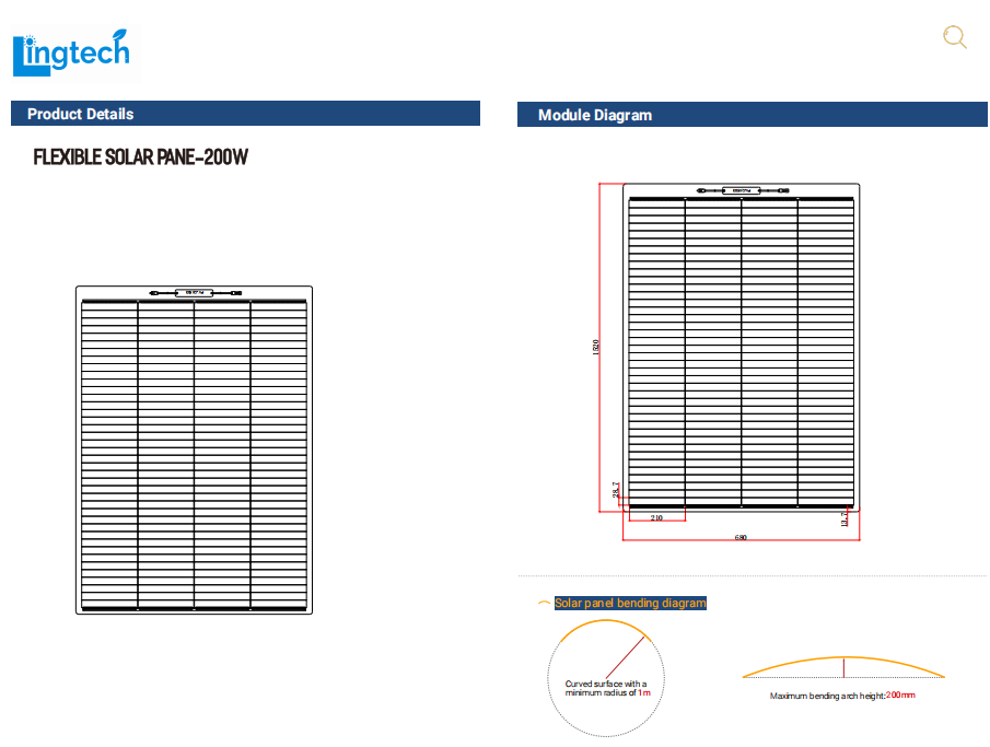 Lingtech Solar | Lingtech 200W flexible solar panle | Pagina de Datos ...