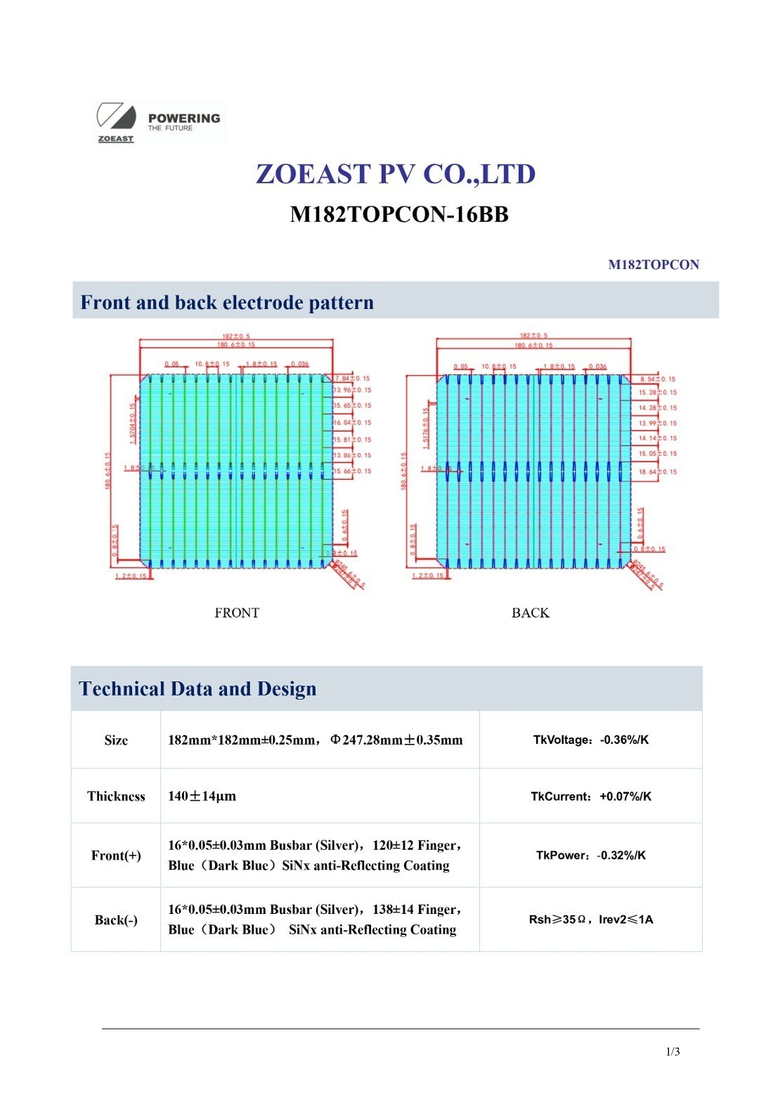Zoeast PV | 182mm Topcon Cells 16BB | Solar Cell Datasheet | ENF Solar Cell Directory