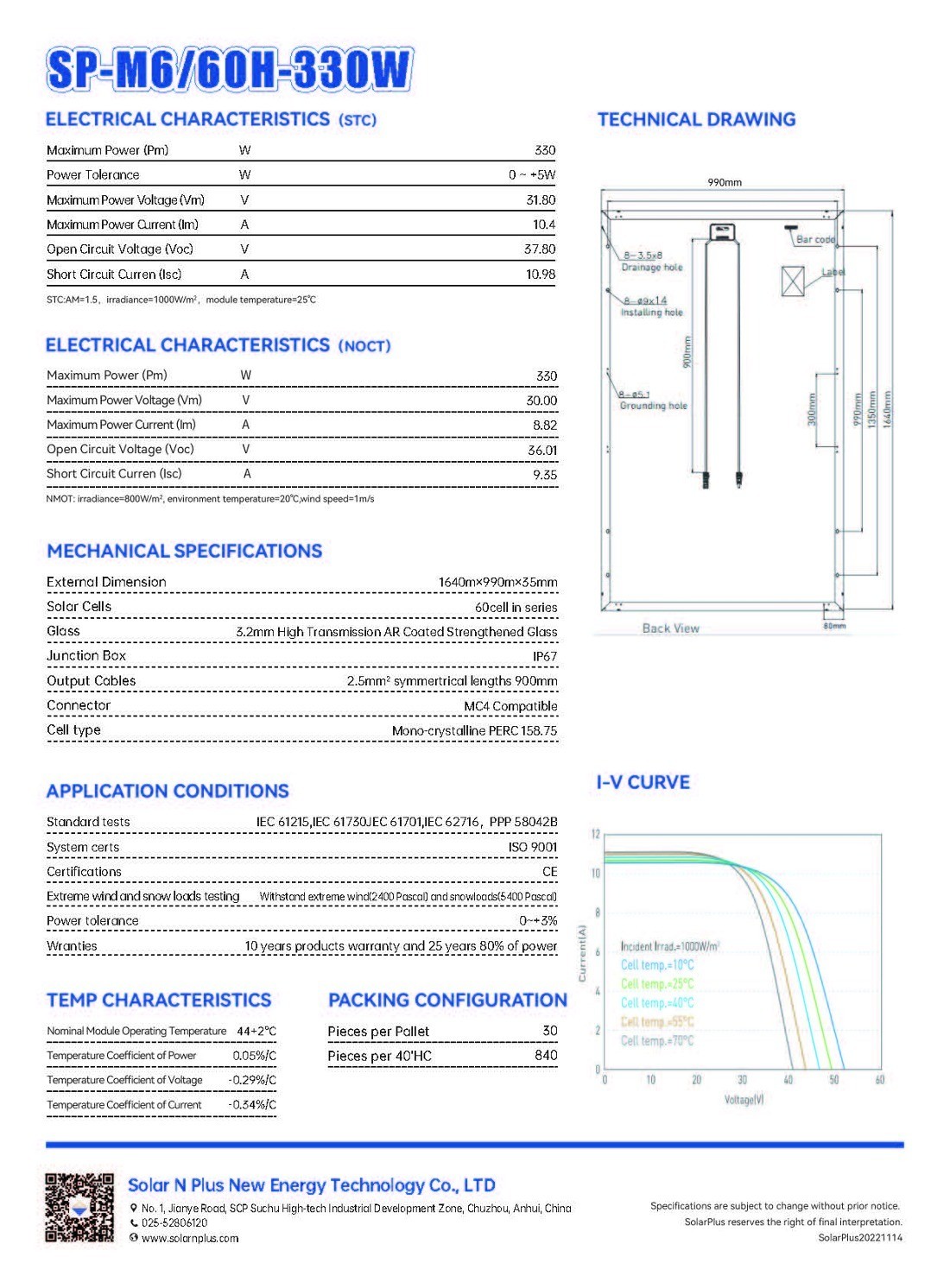 Solar N Plus | SP-M6/60H-330W | Solar Panel Datasheet | ENF Panel Directory